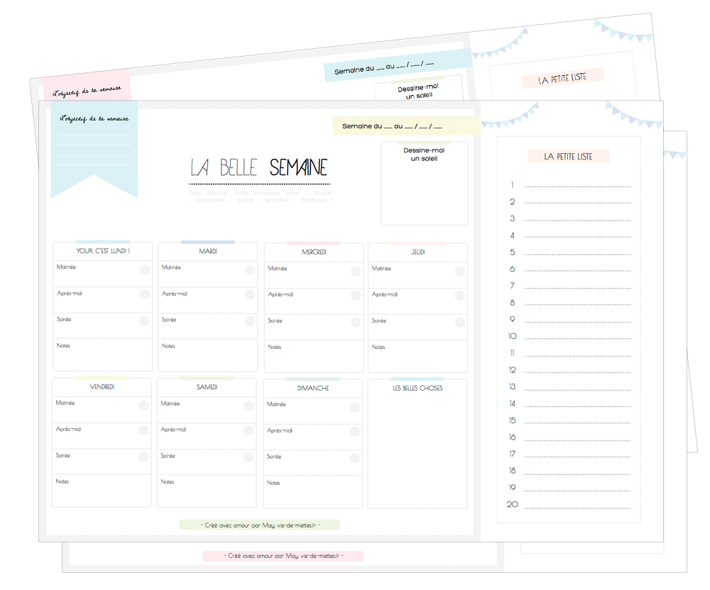 Semainier menu de la semaine à imprimer - Vie de Miettes